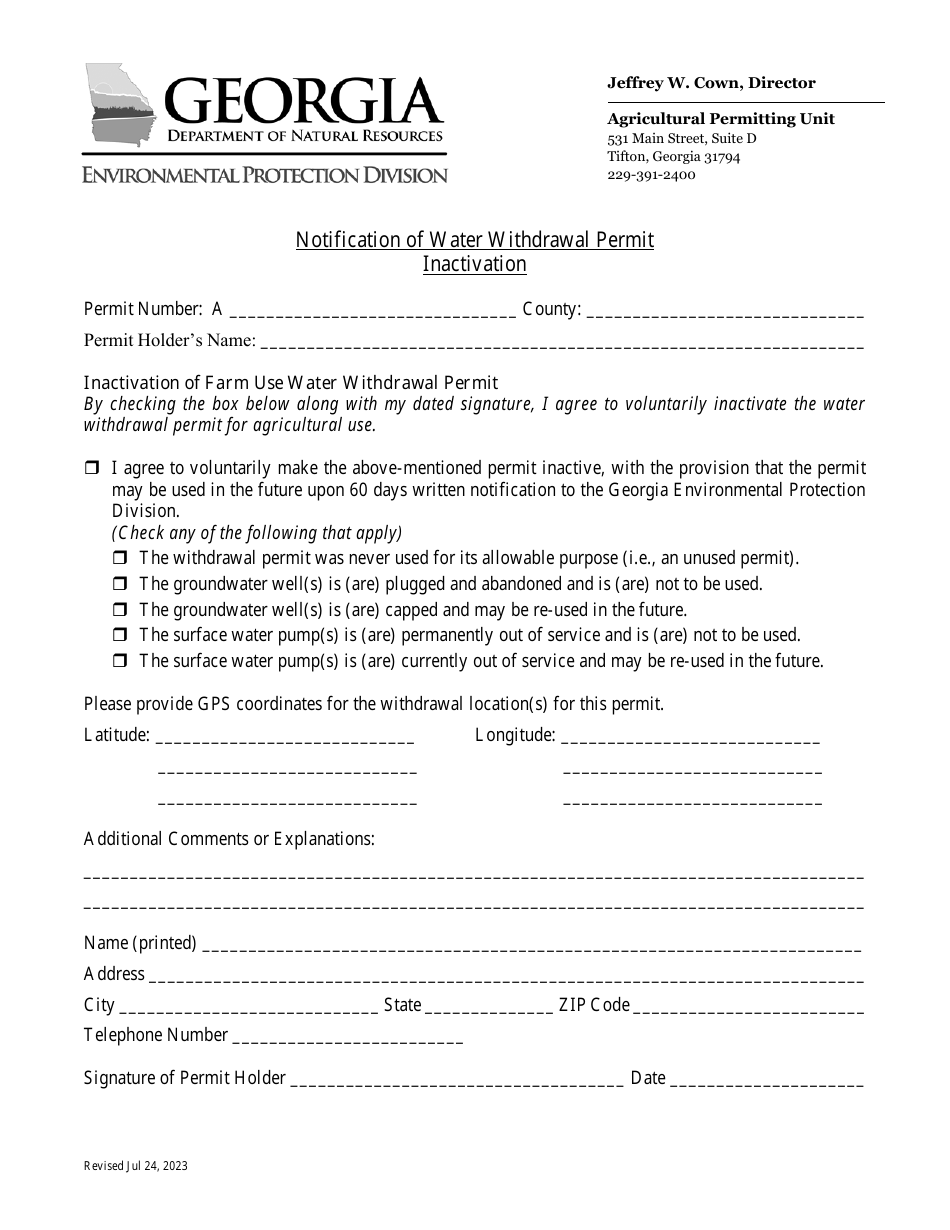 Georgia (United States) Notification of Water Withdrawal Permit ...