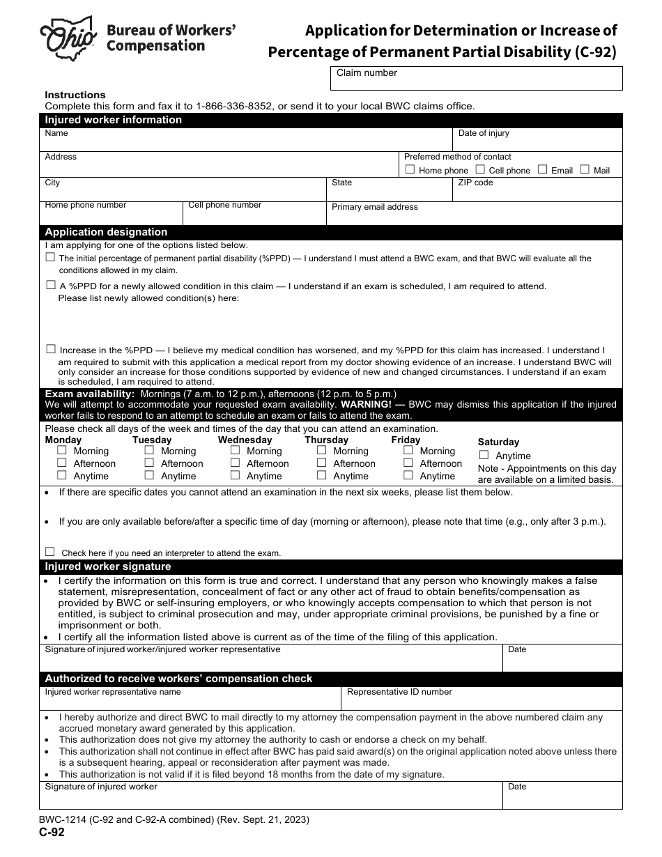 Form C-92 (BWC-1214) Download Printable PDF or Fill Online Application ...
