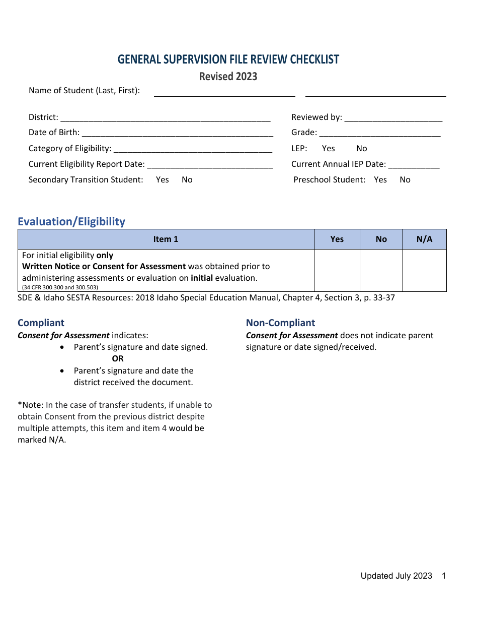 Idaho General Supervision File Review Checklist Download Printable PDF ...