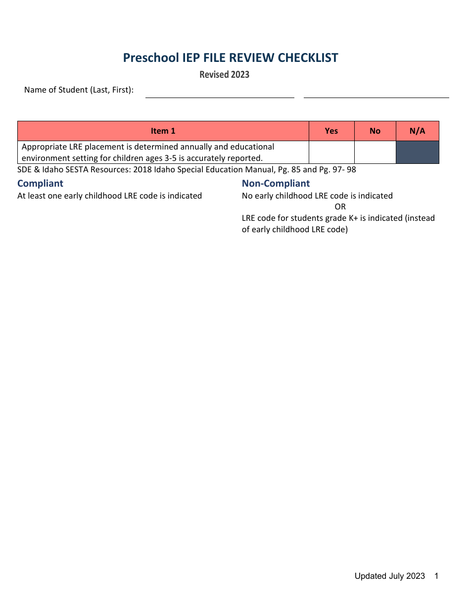Idaho Preschool Iep File Review Checklist Download Printable PDF ...