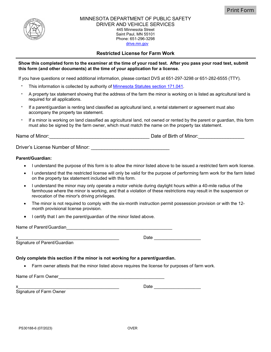 Form PS30188 Download Fillable PDF or Fill Online Restricted License ...