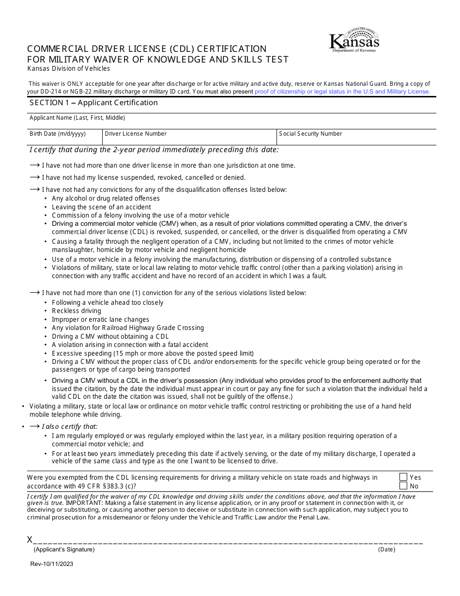 Kansas Commercial Driver License (Cdl) Certification for Military ...