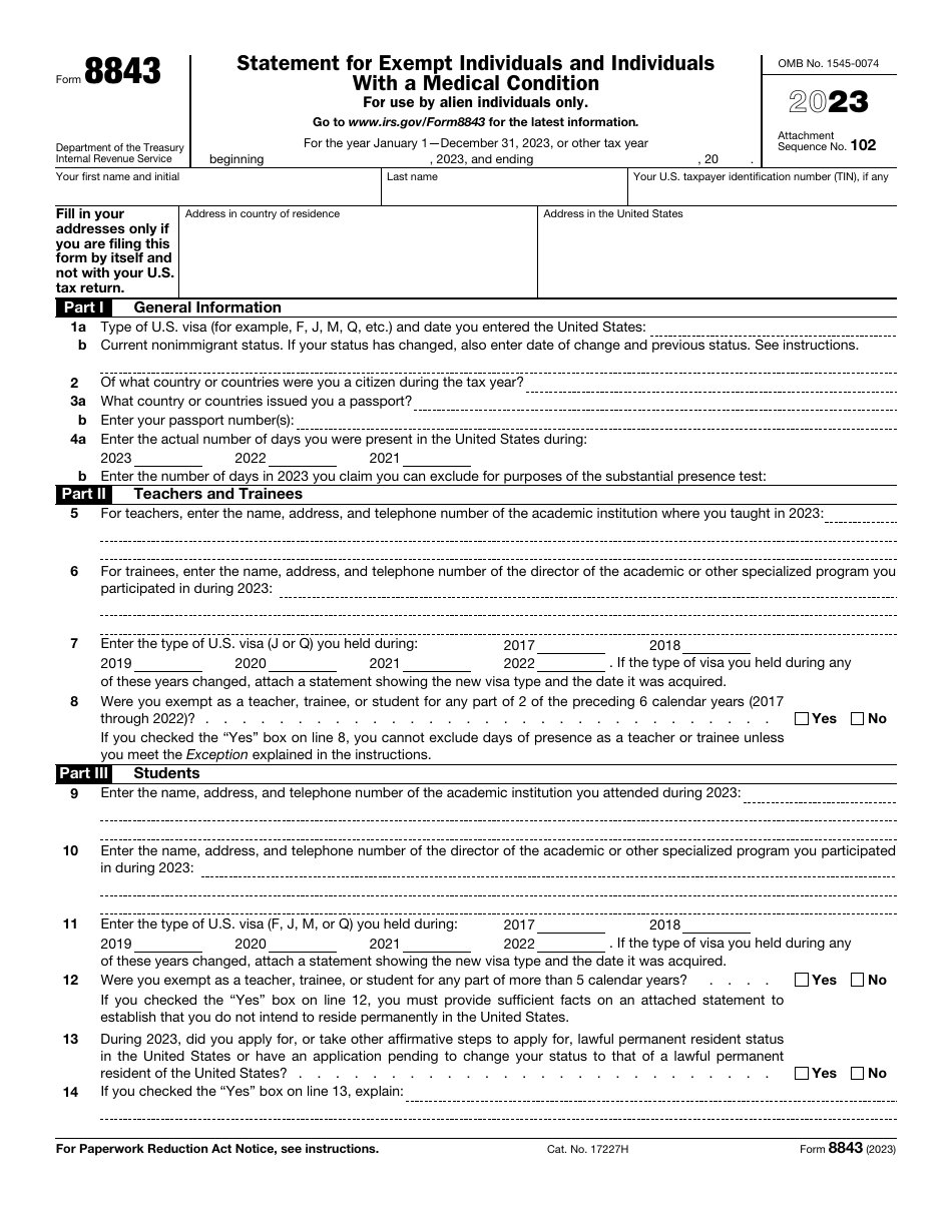 IRS Form 8843 Download Fillable PDF or Fill Online Statement for Exempt ...