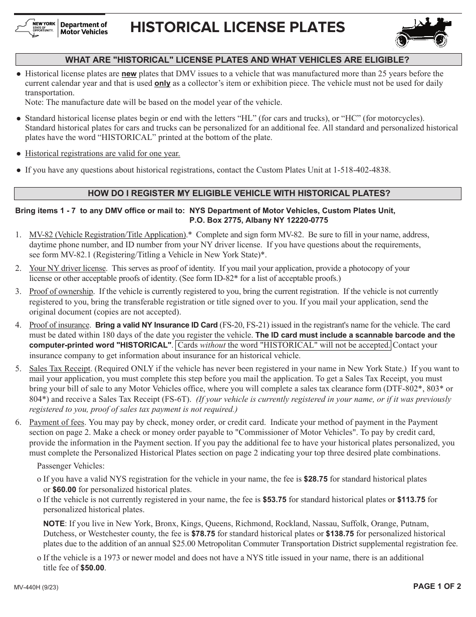 Form MV-440H Download Fillable PDF or Fill Online Historical License ...