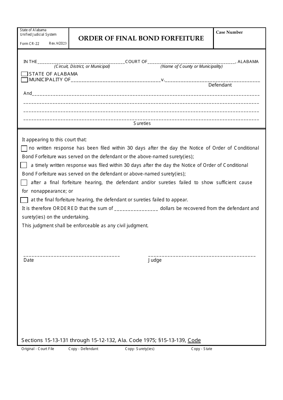 Form CR-22 Download Fillable PDF or Fill Online Order of Final Bond ...