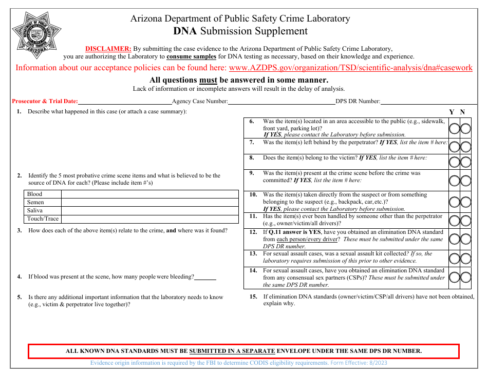 Arizona Dna Submission Supplement Download Fillable PDF 2022 — 2026 ...