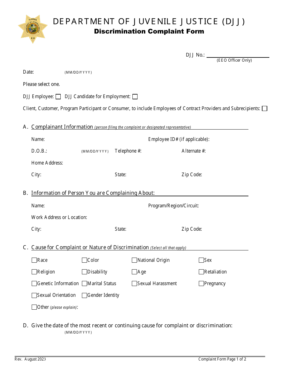 Florida Discrimination Complaint Form Download Fillable PDF ...