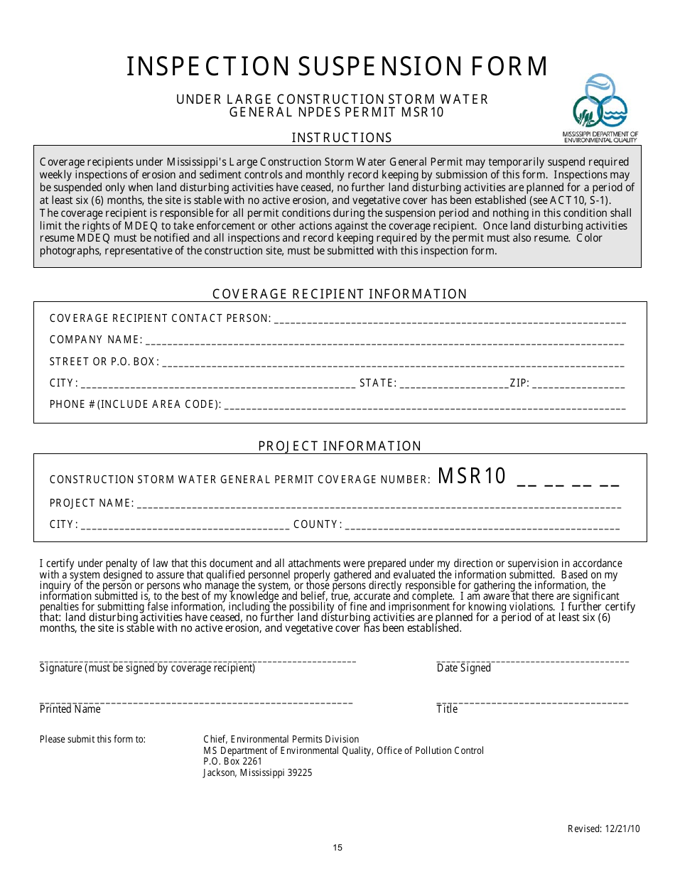 Mississippi Inspection Suspension Form - Under Large Construction Storm ...