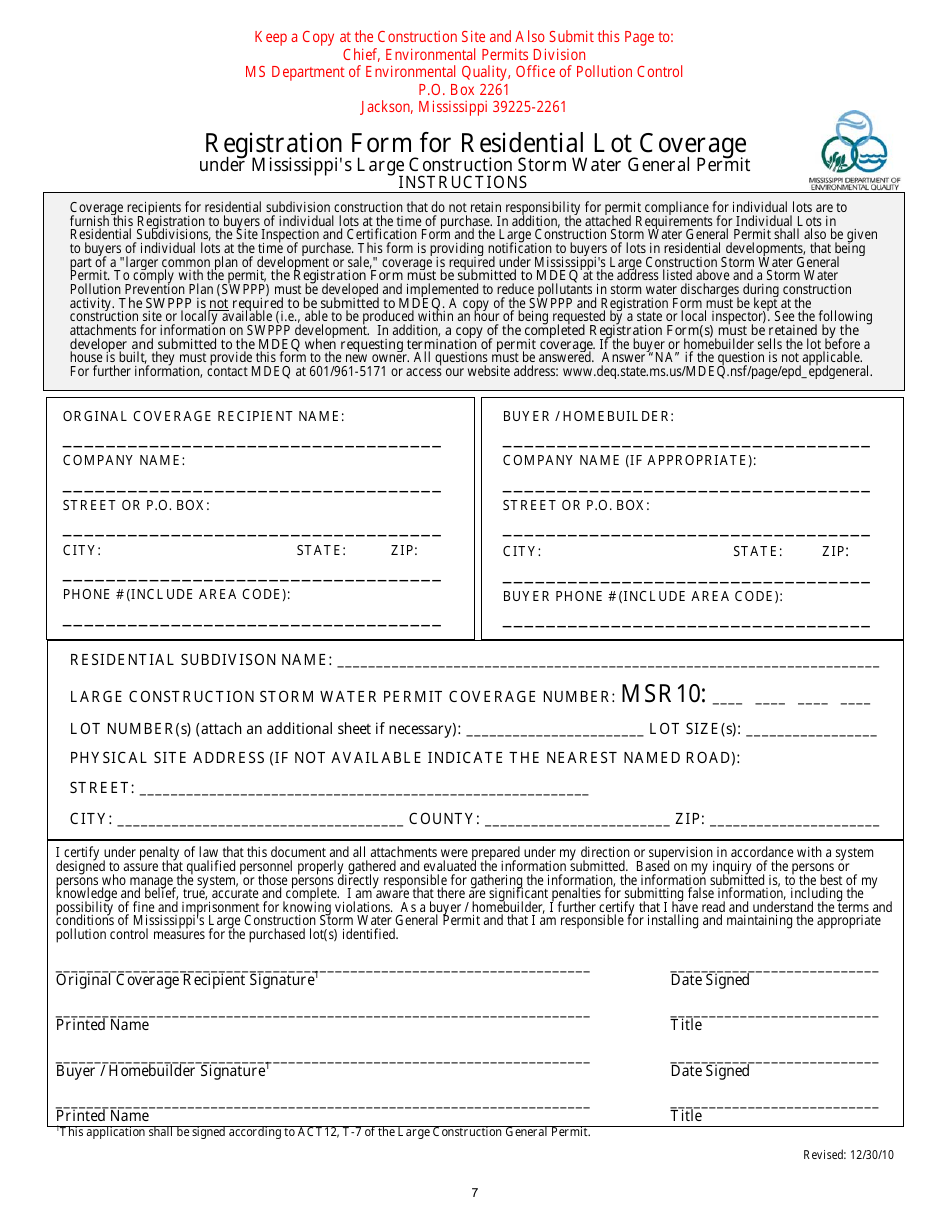 Mississippi Registration Form for Residential Lot Coverage Under ...