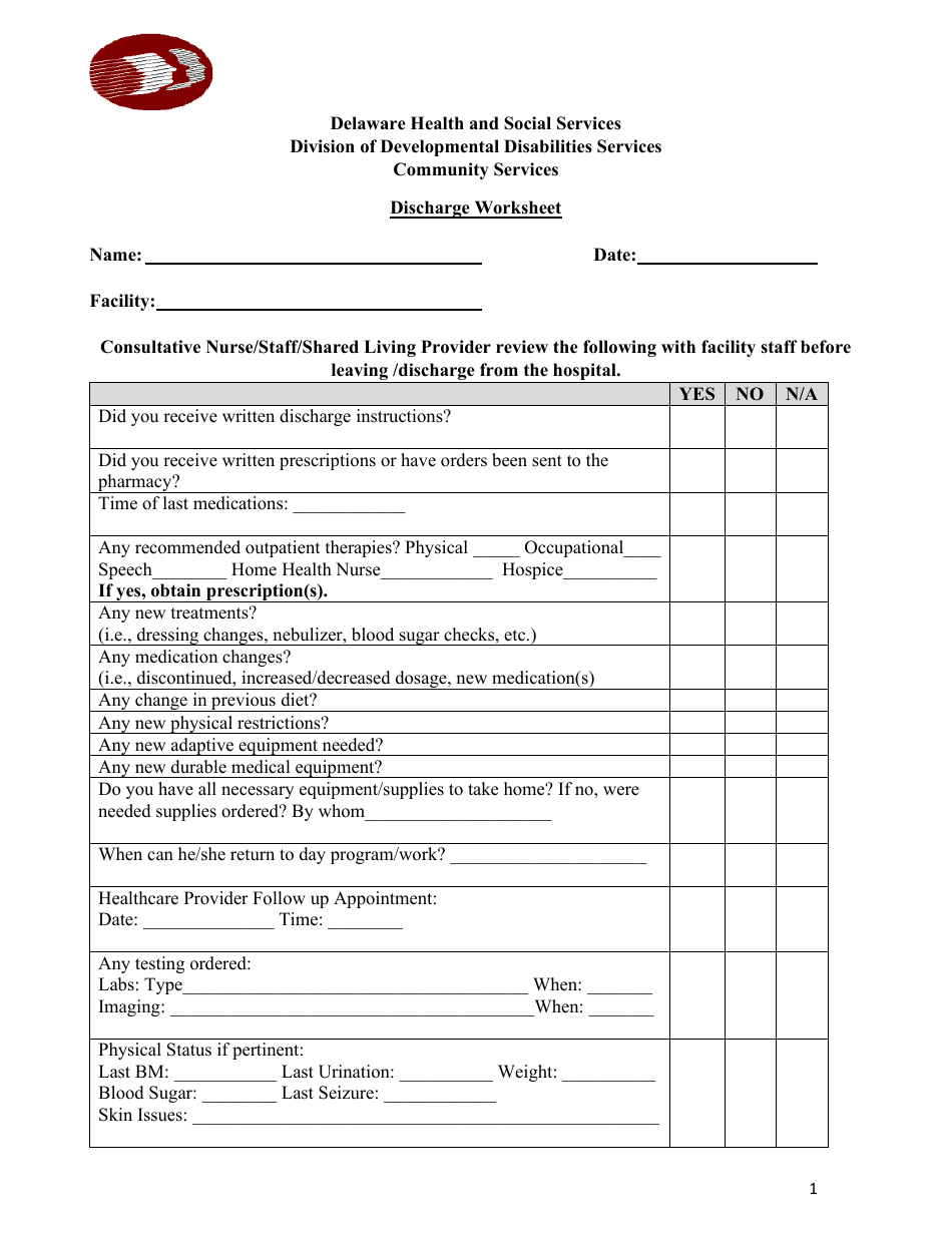 Delaware Discharge Worksheet - Fill Out, Sign Online and Download PDF ...