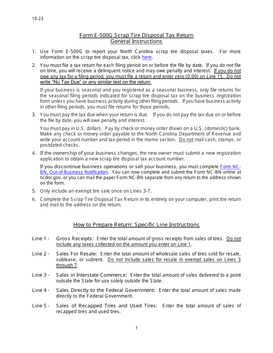 Download Instructions for Form E-500G Scrap Tire Disposal Tax Return ...