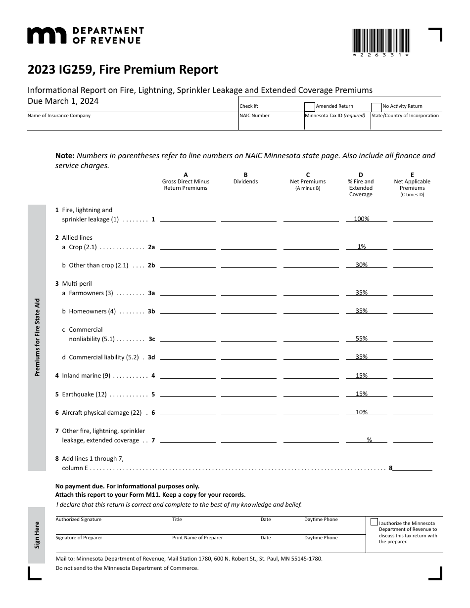 Form IG259 Download Fillable PDF or Fill Online Fire Premium Report ...