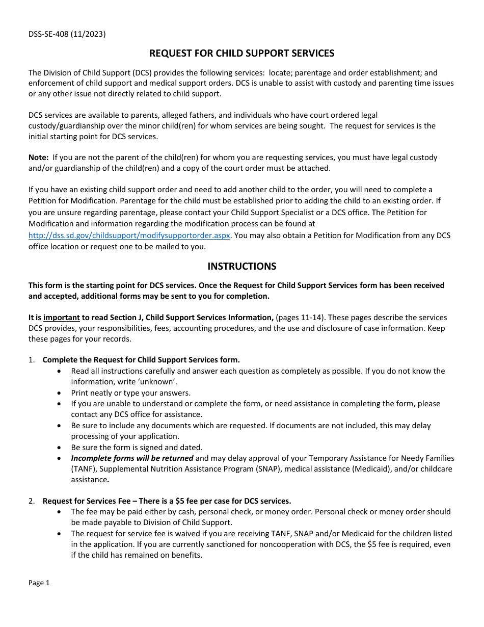 Form DSS-SE-408 Download Printable PDF or Fill Online Request for Child ...
