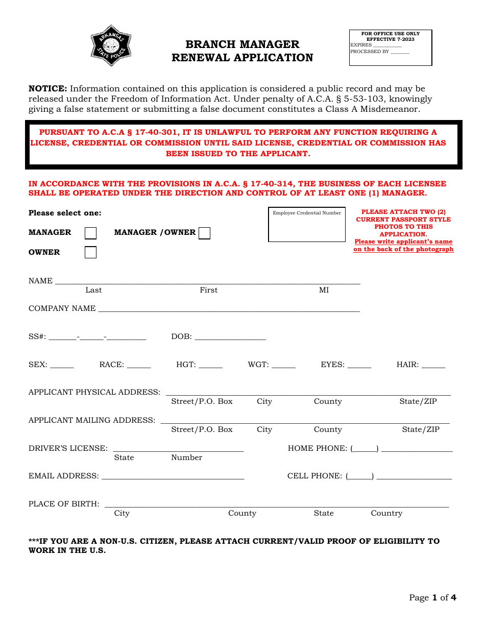Arkansas Branch Manager Renewal Application - Fill Out, Sign Online and ...