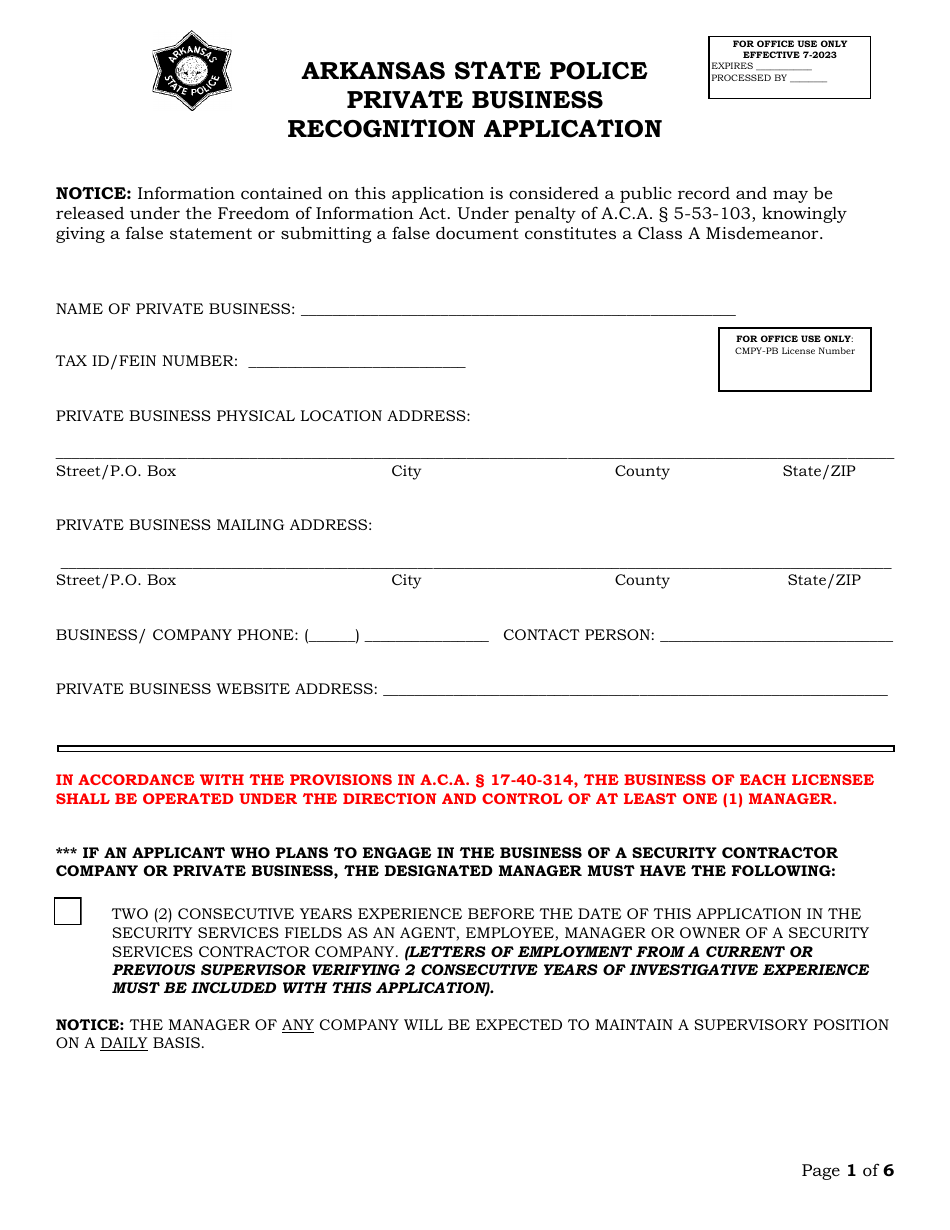 Arkansas Private Business Recognition Application - Fill Out, Sign ...