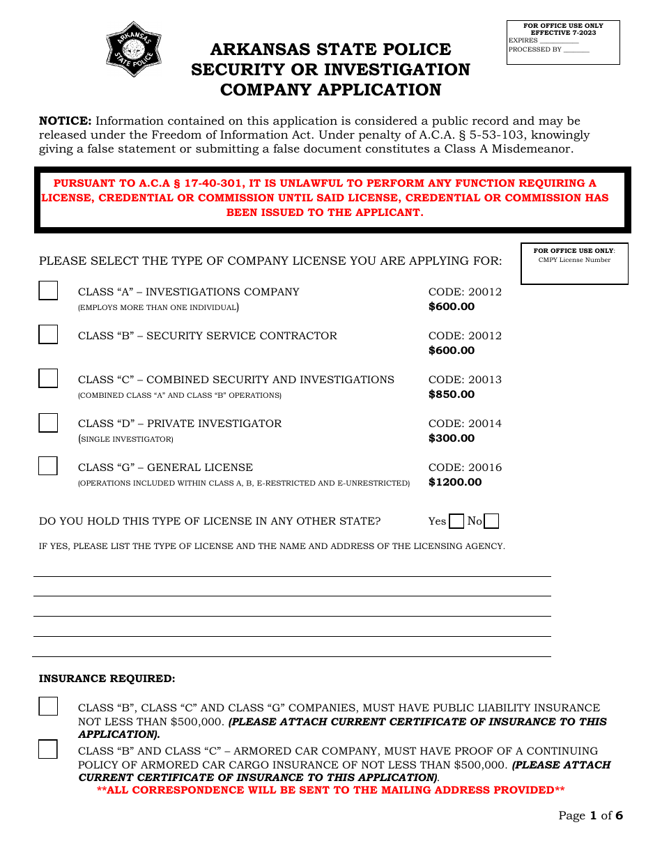 Arkansas Security or Investigation Company Application - Fill Out, Sign Online and Download PDF ...