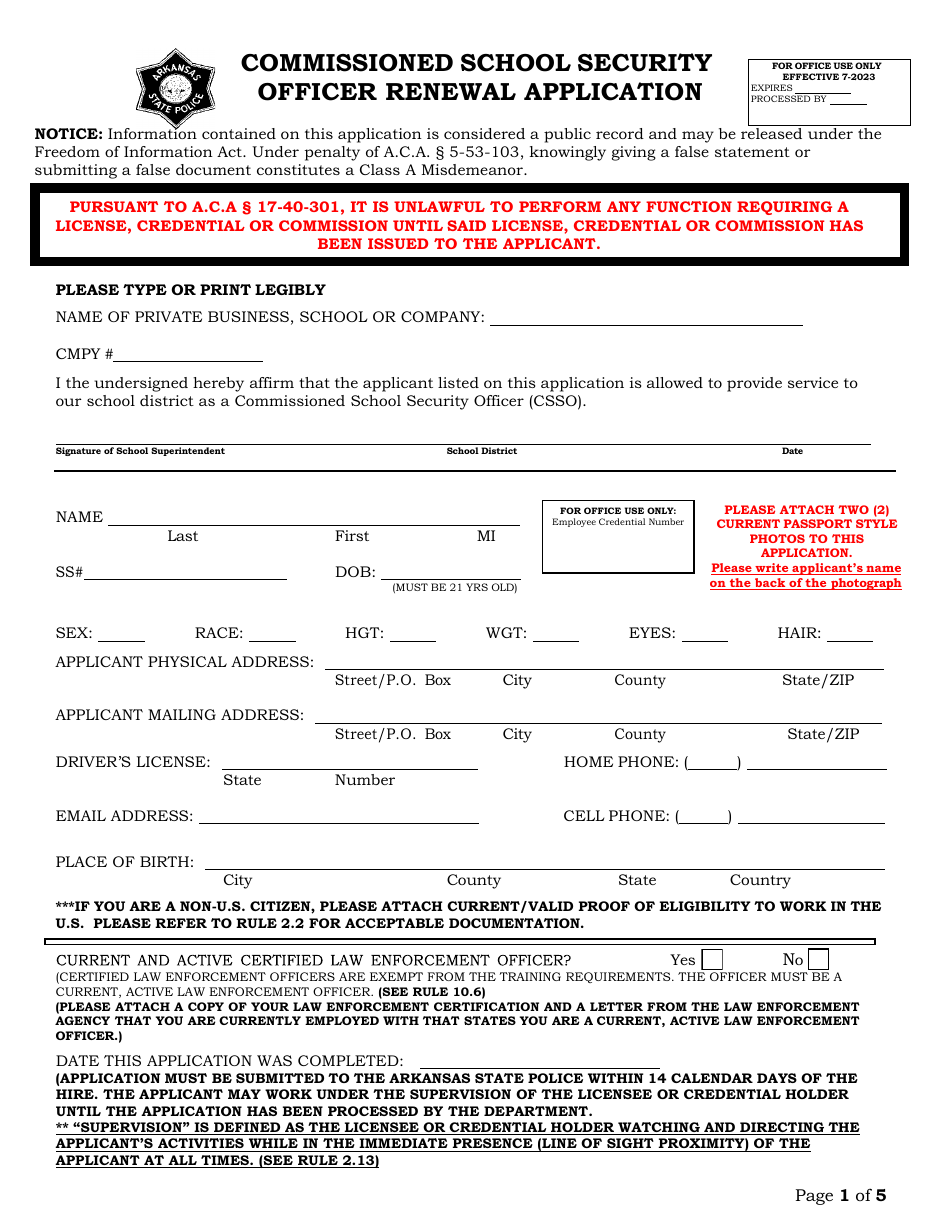 Arkansas Commissioned School Security Officer Renewal Application ...