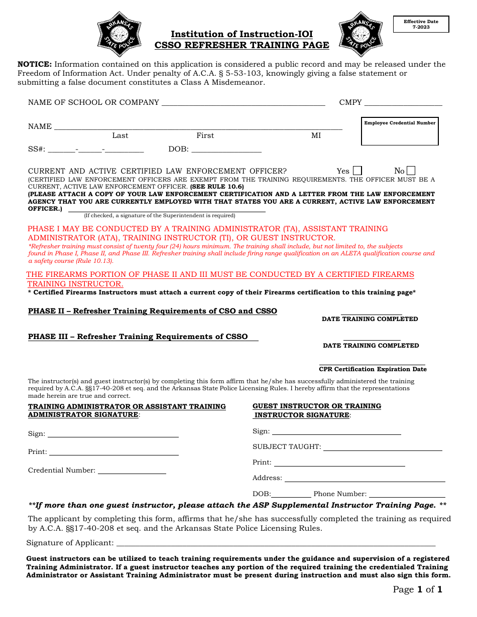 Arkansas Institution of Instruction - Ioi Csso Refresher Training Page Download Fillable PDF ...