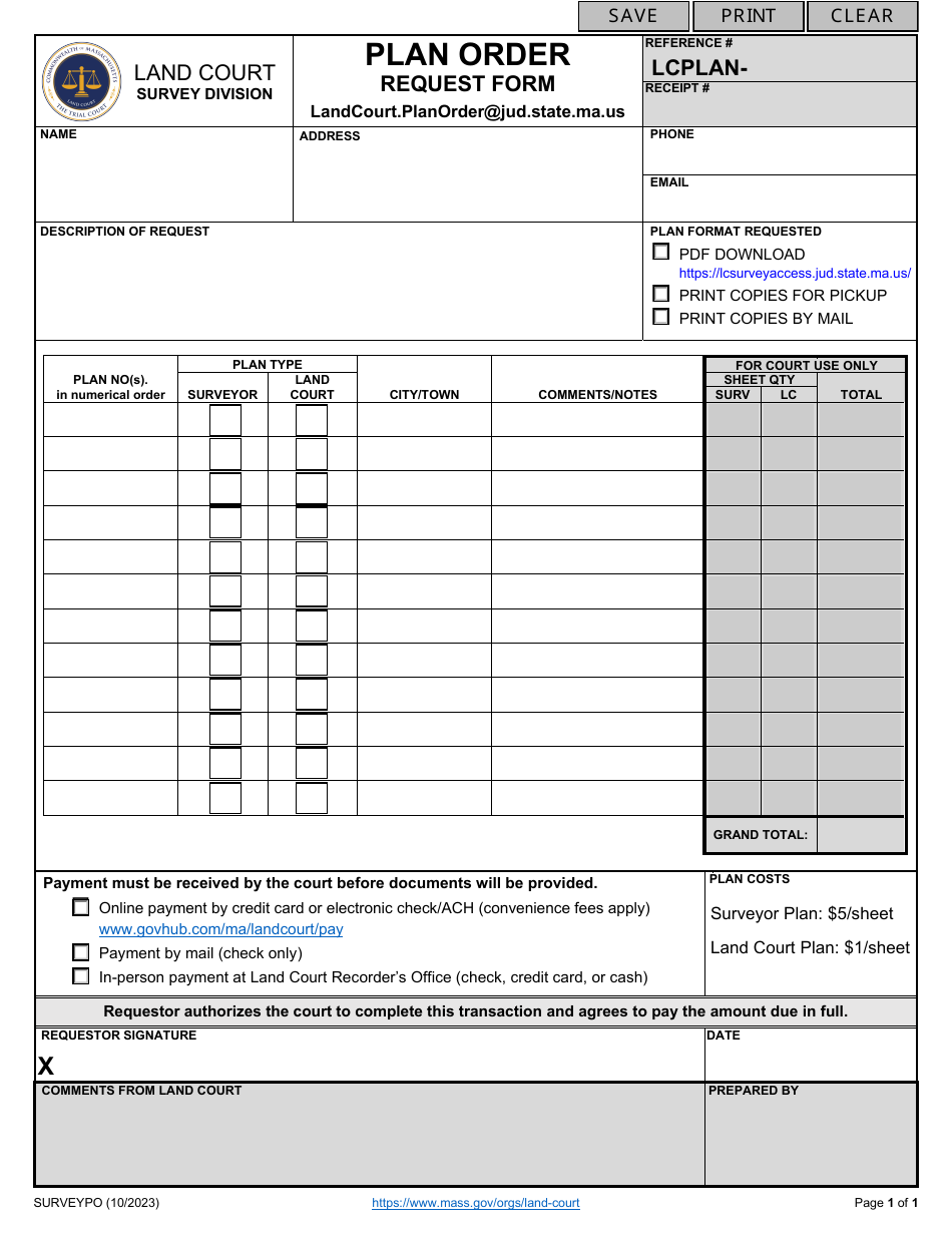 Massachusetts Plan Order Request Form Download Fillable PDF | Templateroller
