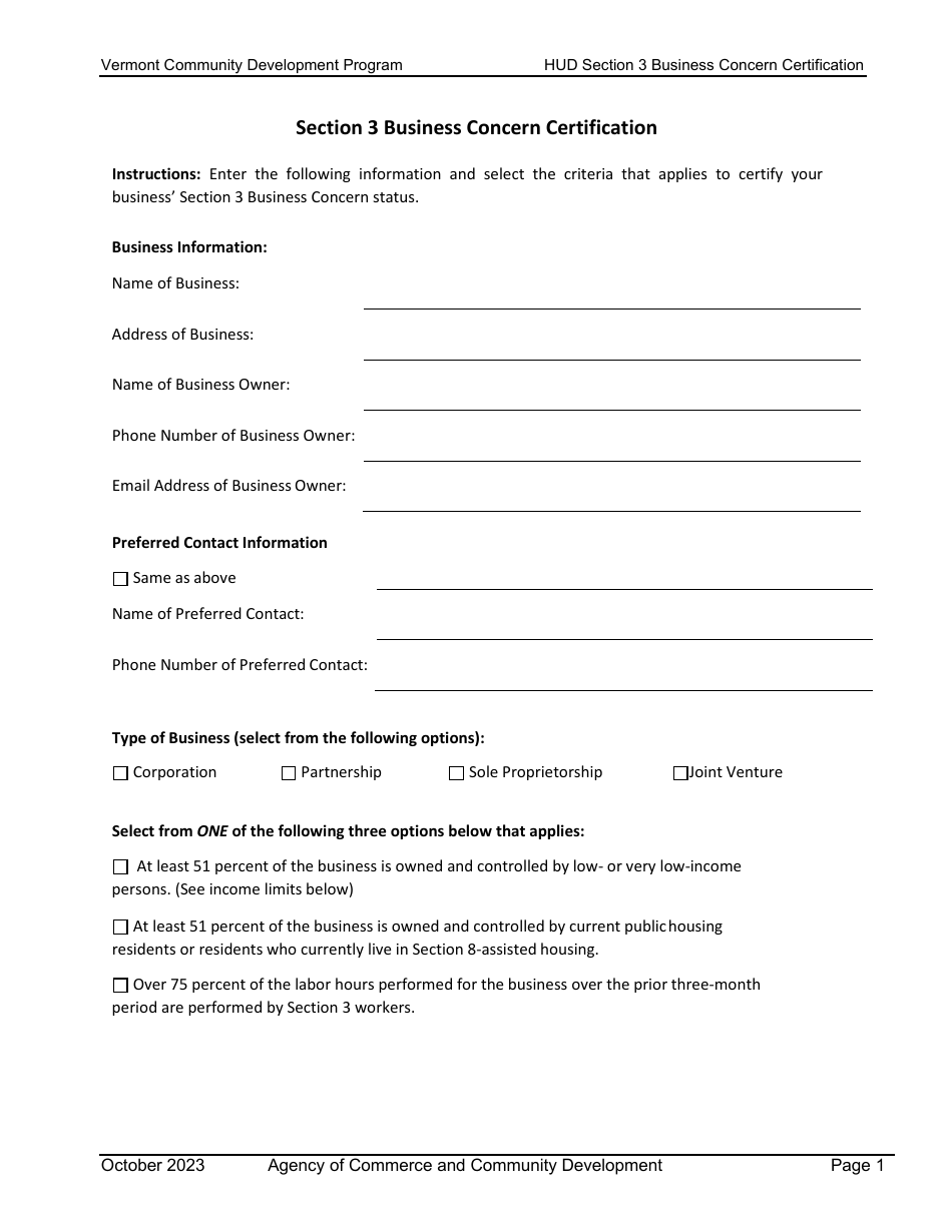 2023 Vermont Hud Section 3 Business Concern Certification - Vermont ...
