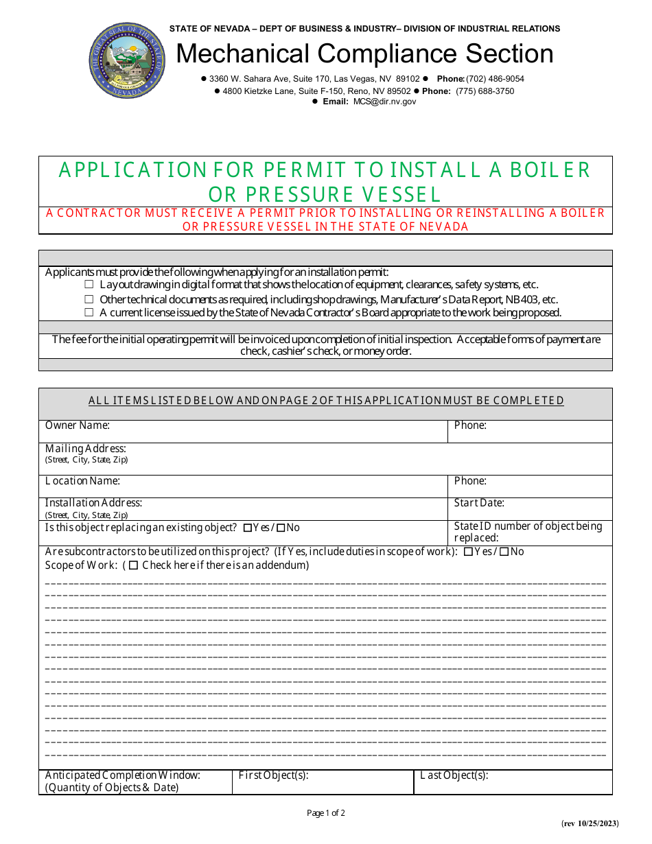 Nevada Application for Permit to Install a Boiler or Pressure Vessel ... Nevada Application for Permit to Install a Boiler or Pressure Vessel ...