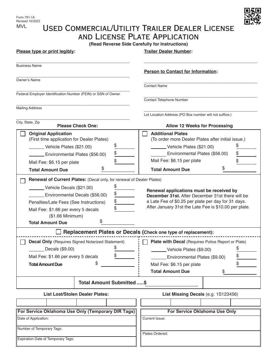 Form 791-1A Download Fillable PDF or Fill Online Used Commercial ...