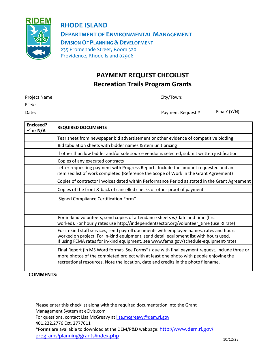 Rhode Island Payment Request Checklist - Recreation Trails Program Grants Download Fillable PDF ...