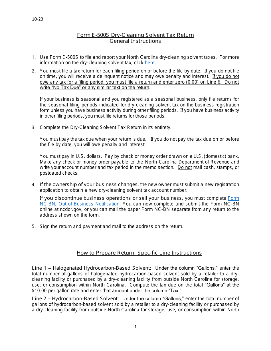 Download Instructions for Form E-500S Dry-Cleaning Solvent Tax Return ...