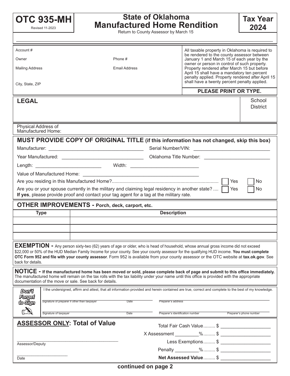 OTC Form 935-MH Download Fillable PDF or Fill Online Manufactured Home ...