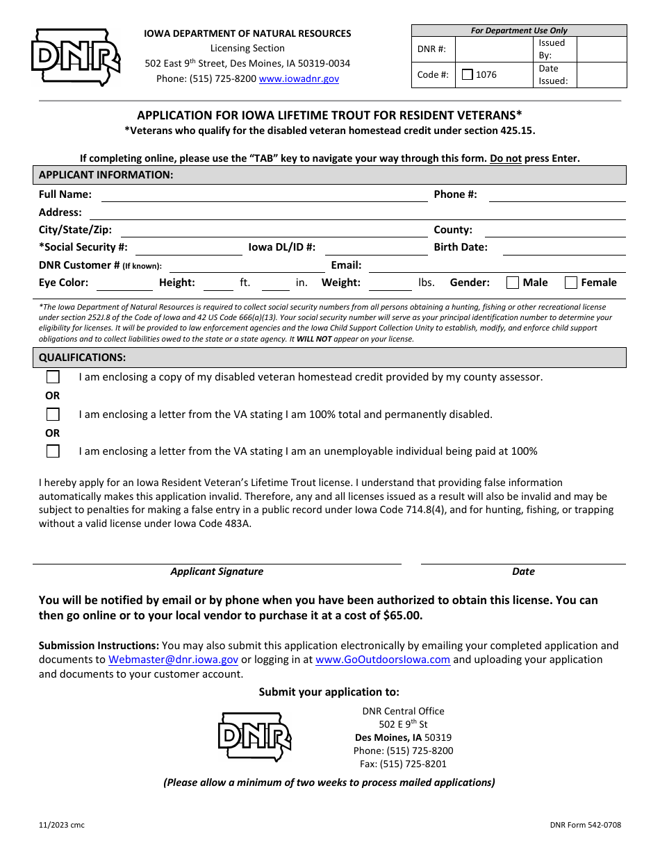 DNR Form 542-0708 Download Fillable PDF or Fill Online Application for ...