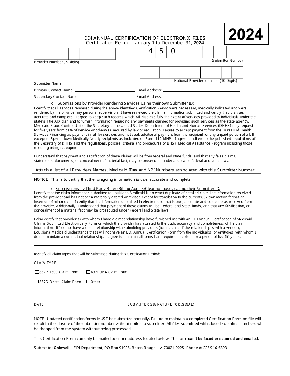 2024 Louisiana Edi Annual Certification of Electronic Files - Fill Out ...