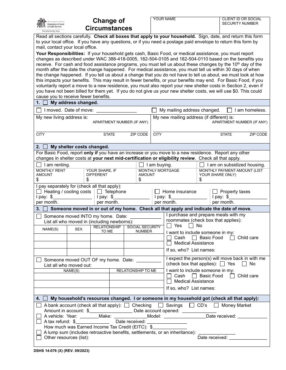 DSHS Form 14-076 Download Printable PDF or Fill Online Change of ...