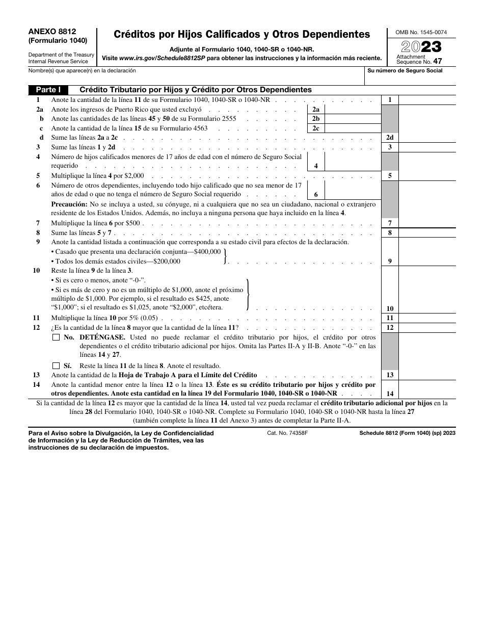 IRS Formulario 1040 (SP) Anexo 8812 Download Fillable PDF or Fill ...