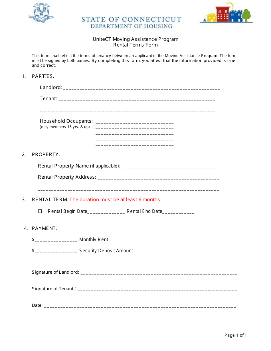 Connecticut Rental Terms Form - Unitect Moving Assistance Program - Fill Out, Sign Online and ...