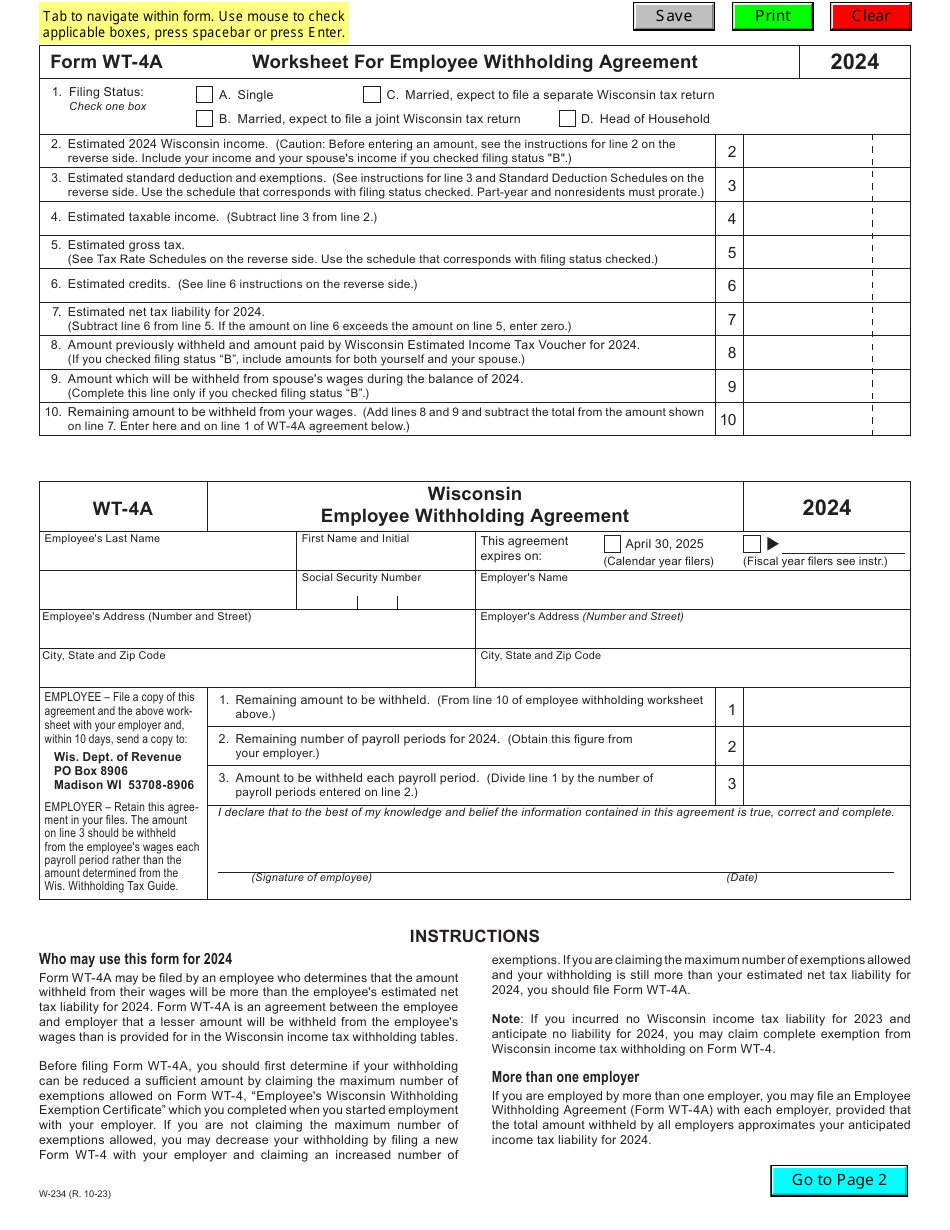 Form WT-4A (W-234) Download Fillable PDF or Fill Online Worksheet for ...