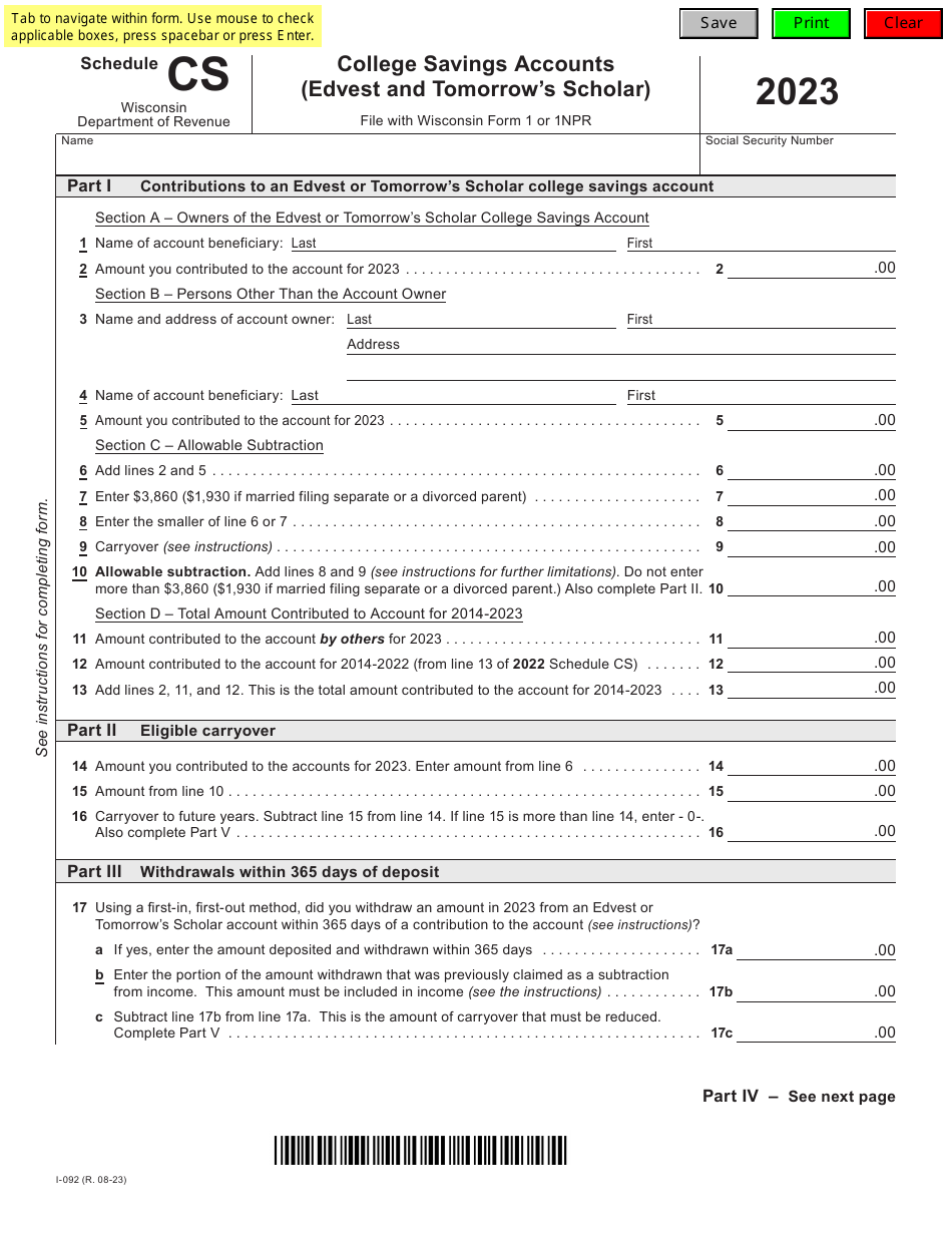 Form I-092 Schedule CS Download Fillable PDF or Fill Online College ...