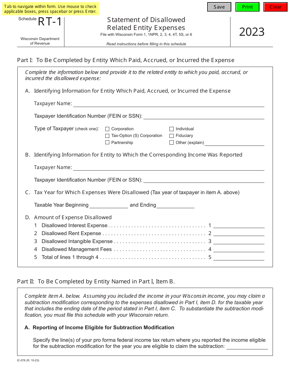Form IC-076 Schedule RT-1 Download Fillable PDF or Fill Online ...
