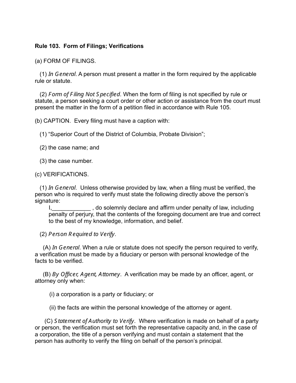 Washington, D.C. Rule 103 - Form of Filings Verifications - Fill Out ...