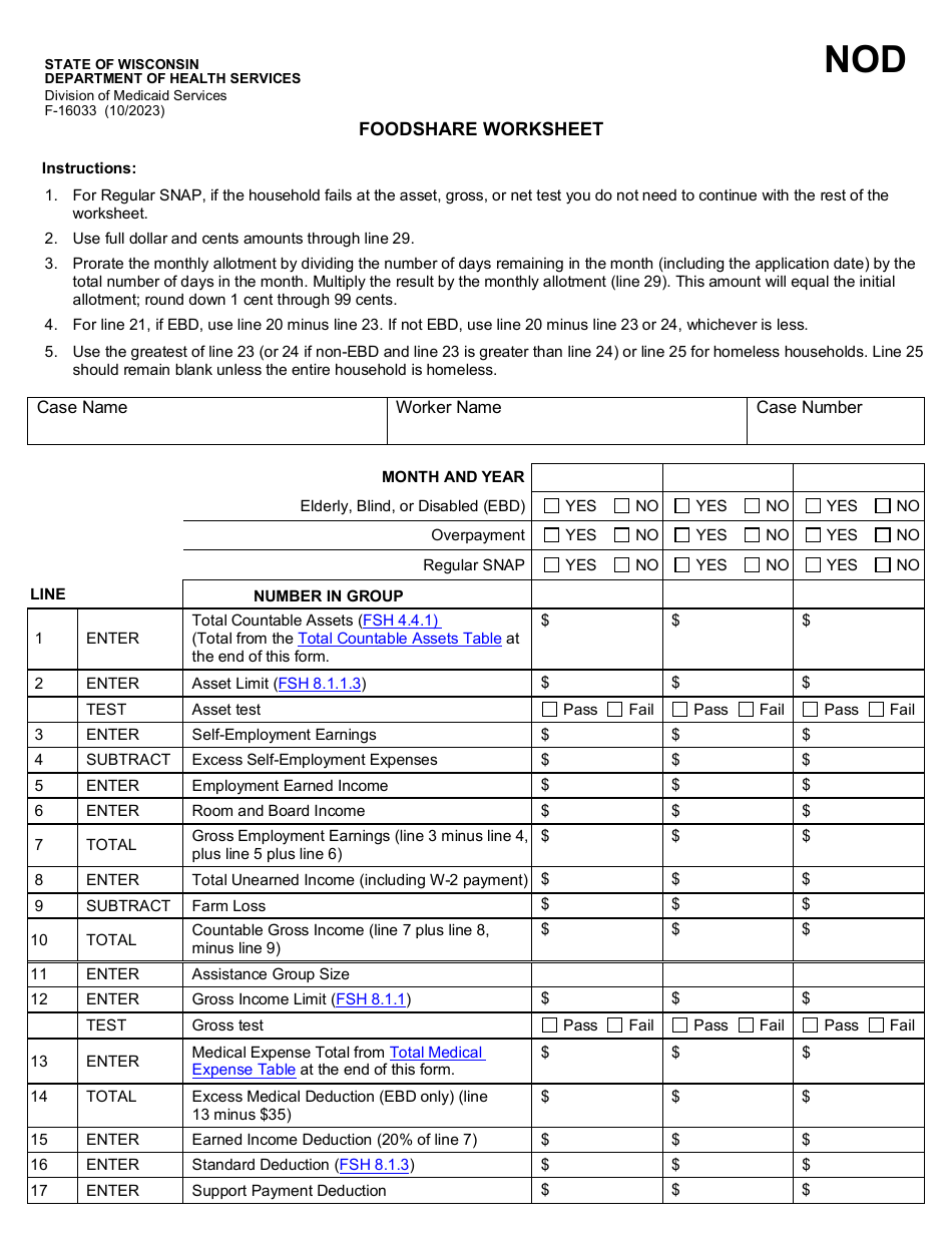 Form F-16033 Download Fillable PDF or Fill Online Foodshare Worksheet ...