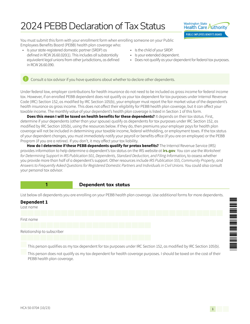 Form HCA50-0704 Download Fillable PDF or Fill Online Pebb Declaration ...
