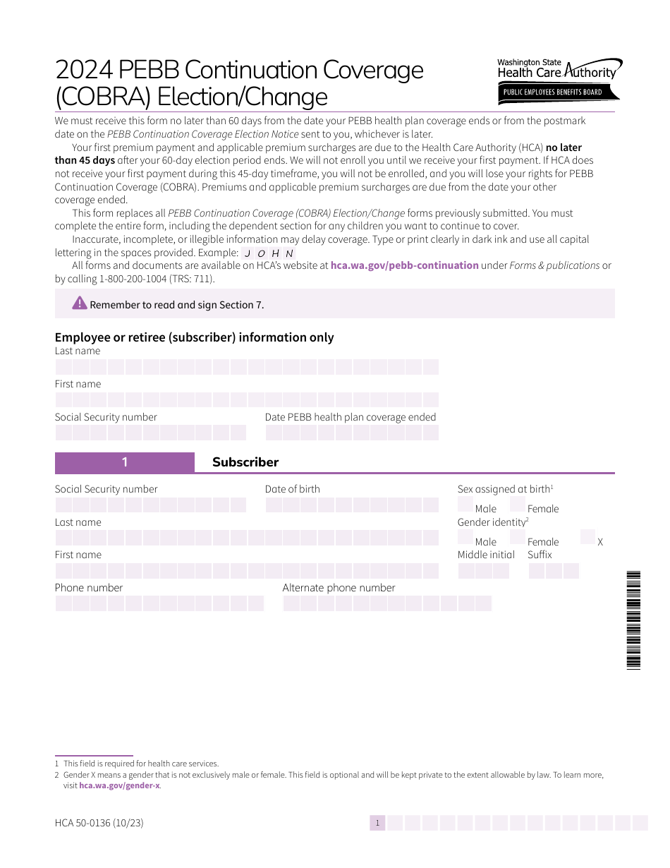 Form HCA50-0136 Download Fillable PDF or Fill Online Pebb Continuation ...