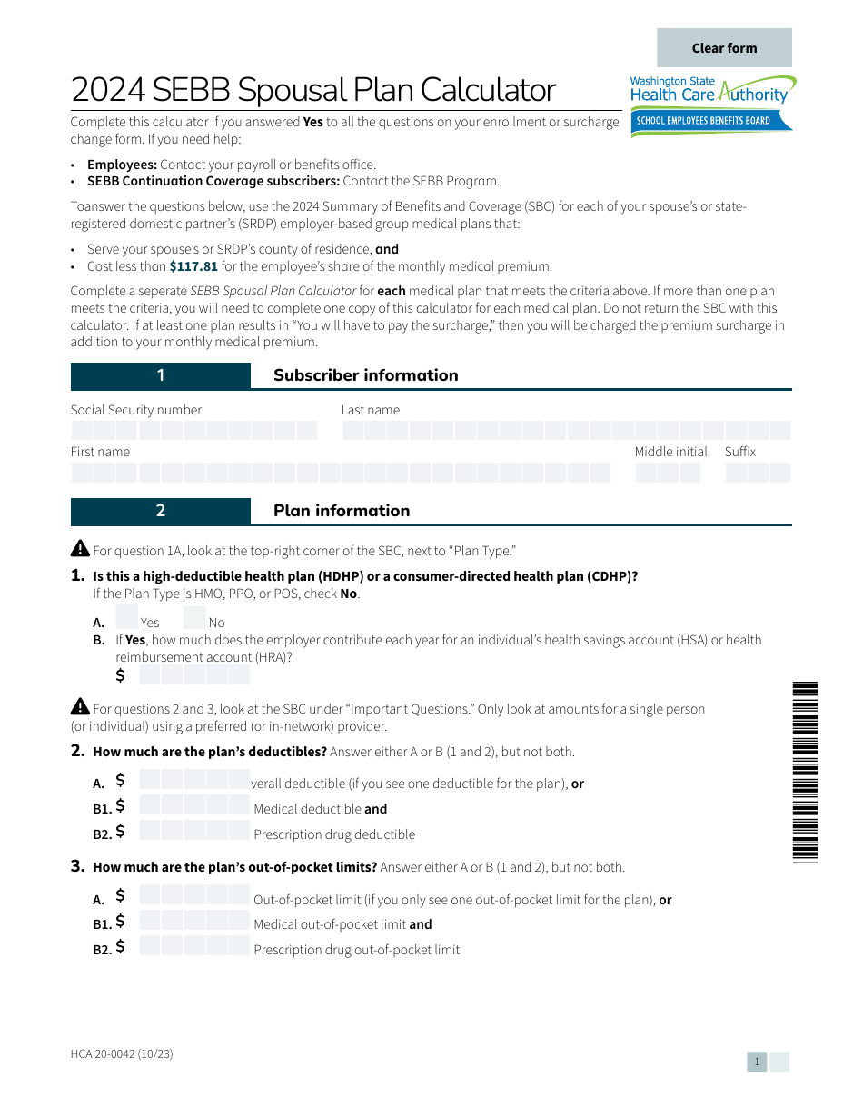 Form HCA20-0042 Download Fillable PDF or Fill Online Sebb Spousal Plan ...