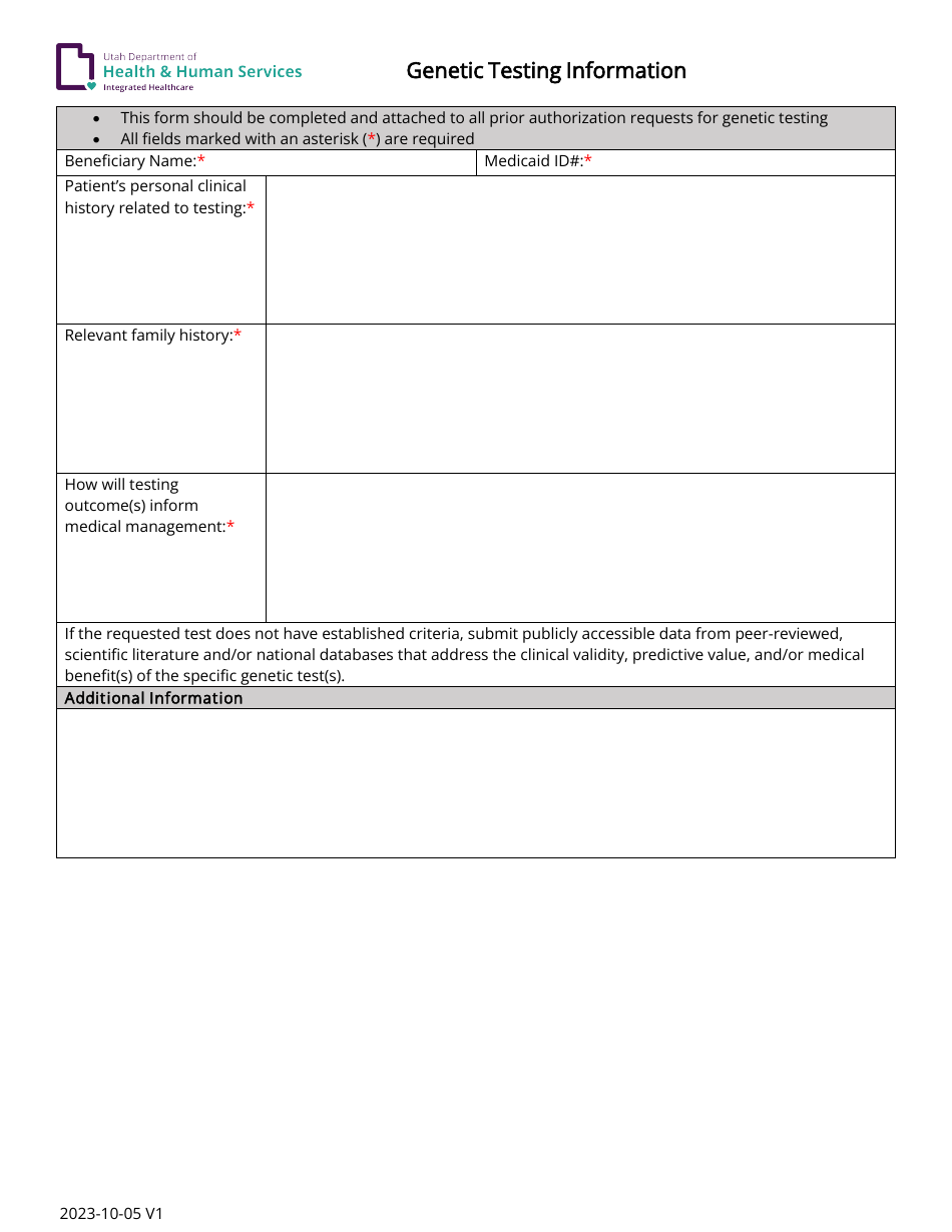 Utah Genetic Testing Information Download Fillable PDF | Templateroller
