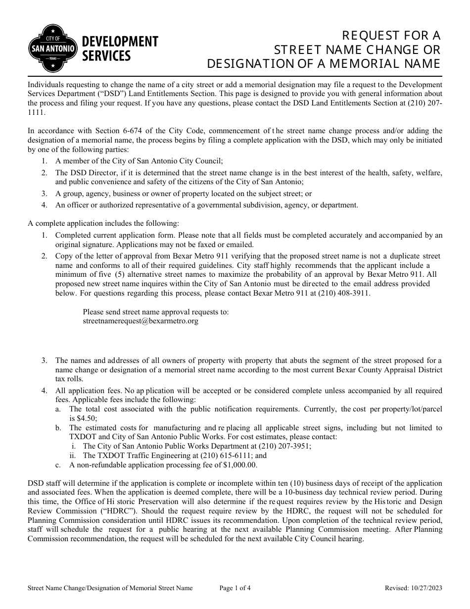 City of San Antonio, Texas Request for a Street Name Change or ...