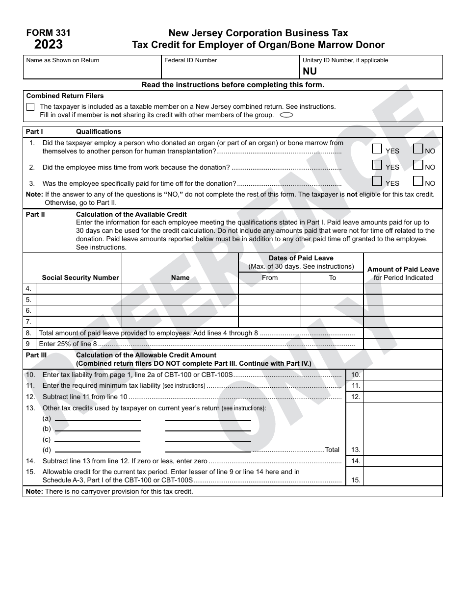 Form 331 Download Printable PDF or Fill Online Tax Credit for Employer ...
