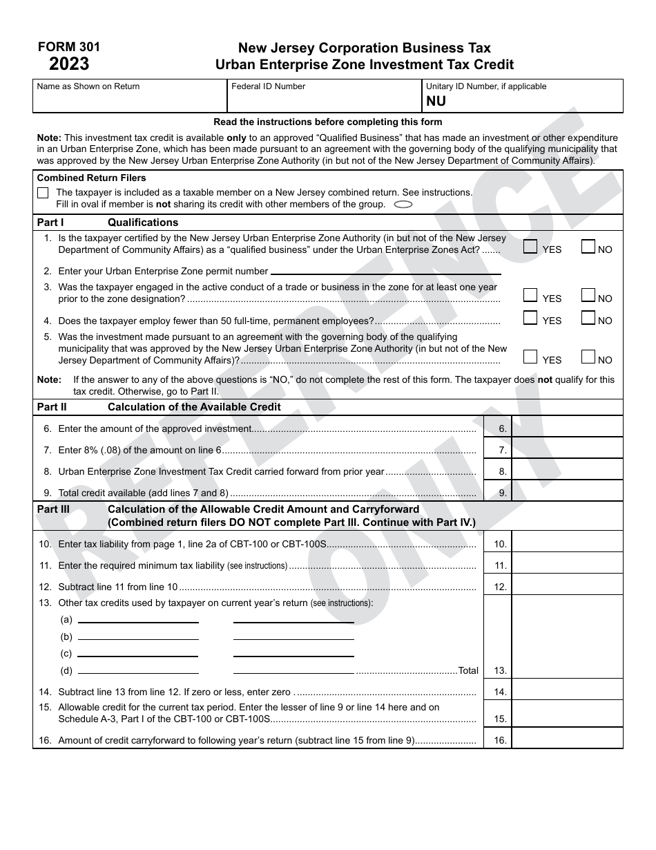 Form 301 Download Printable PDF or Fill Online Urban Enterprise Zone ...