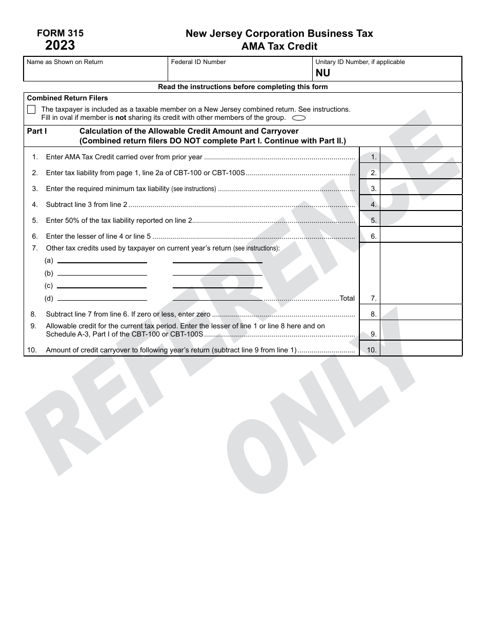 Form 315 Download Printable PDF or Fill Online Ama Tax Credit - 2023 ...