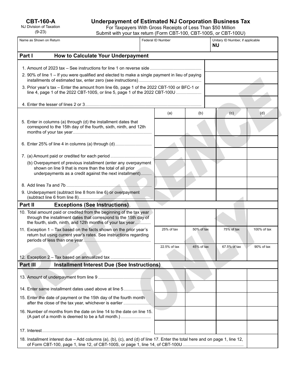 Form CBT-160-A Download Printable PDF or Fill Online Underpayment of Estimated Nj Corporation ...