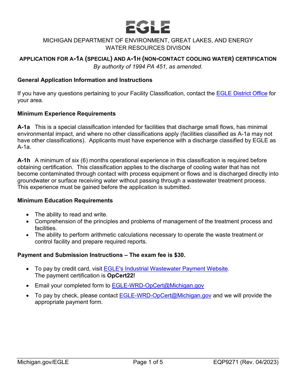 Form EQP9271 Download Fillable PDF or Fill Online Application for a-1a ...