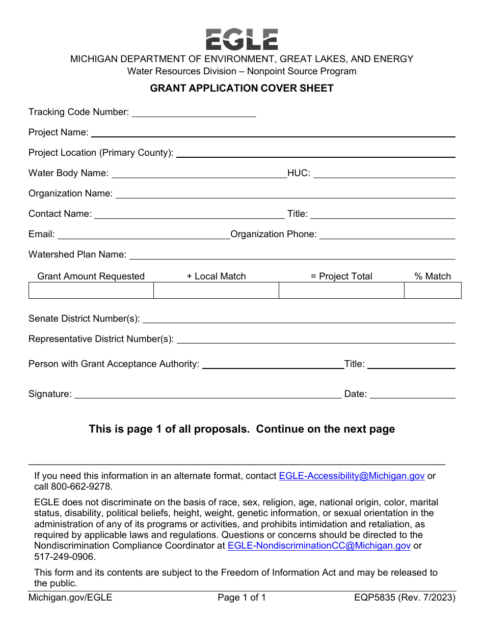 Form EQP5835 Download Fillable PDF or Fill Online Grant Application Cover Sheet, Michigan ...